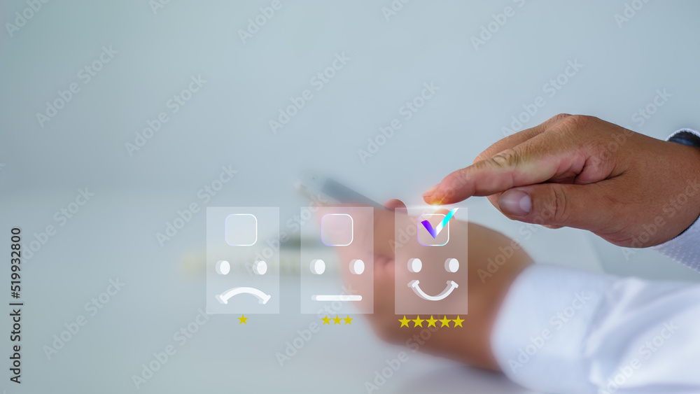Businessman using mobile to rate satisfaction 3d smiley face icon ...