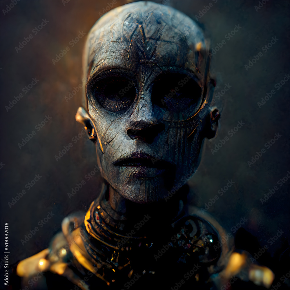 Alien Portrait 3D illustration with dramatic lighting in a front ...