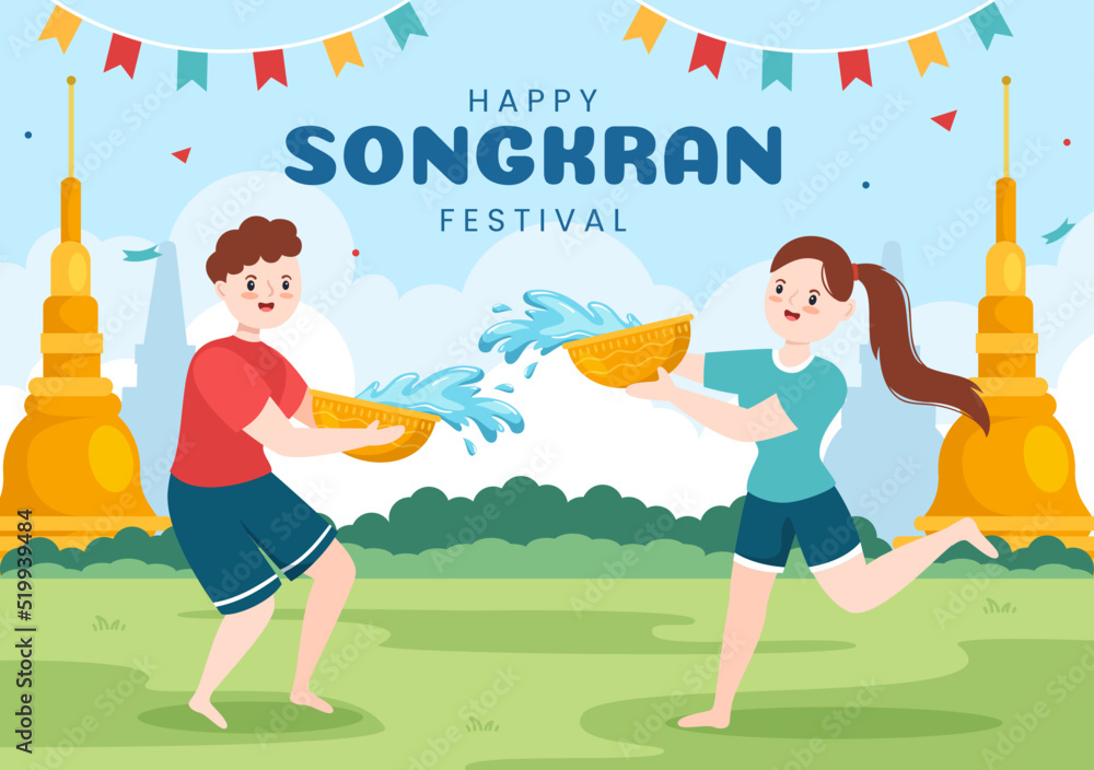 Happy Songkran Festival Day Hand Drawn Cartoon Illustration Playing ...