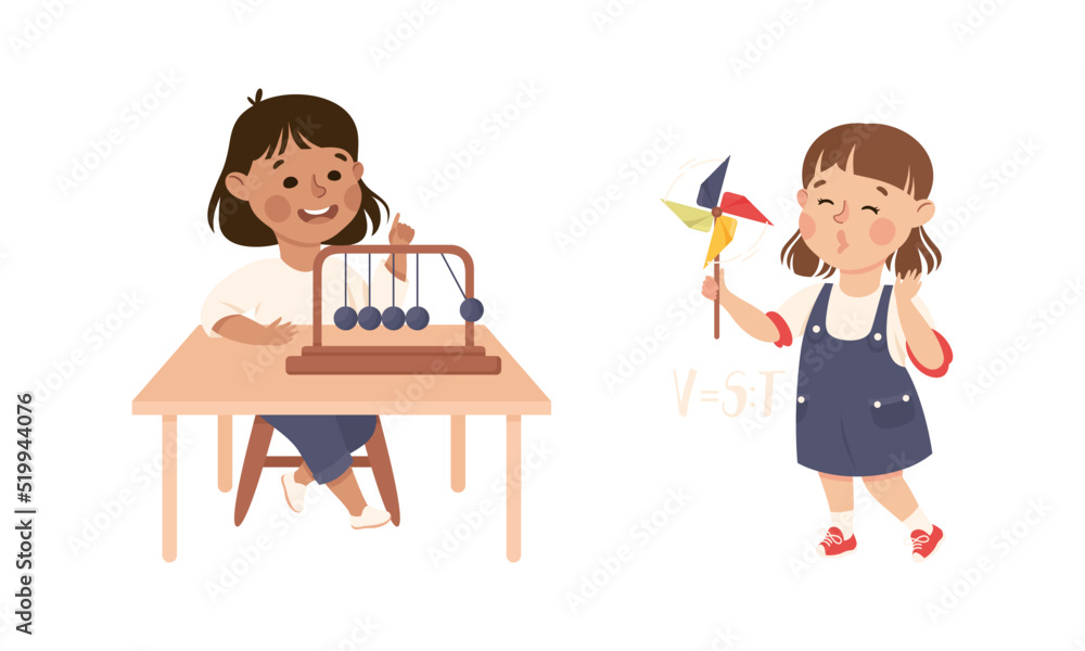 Little Girl Working on Physics Science Experiment with Pinwheel and ...