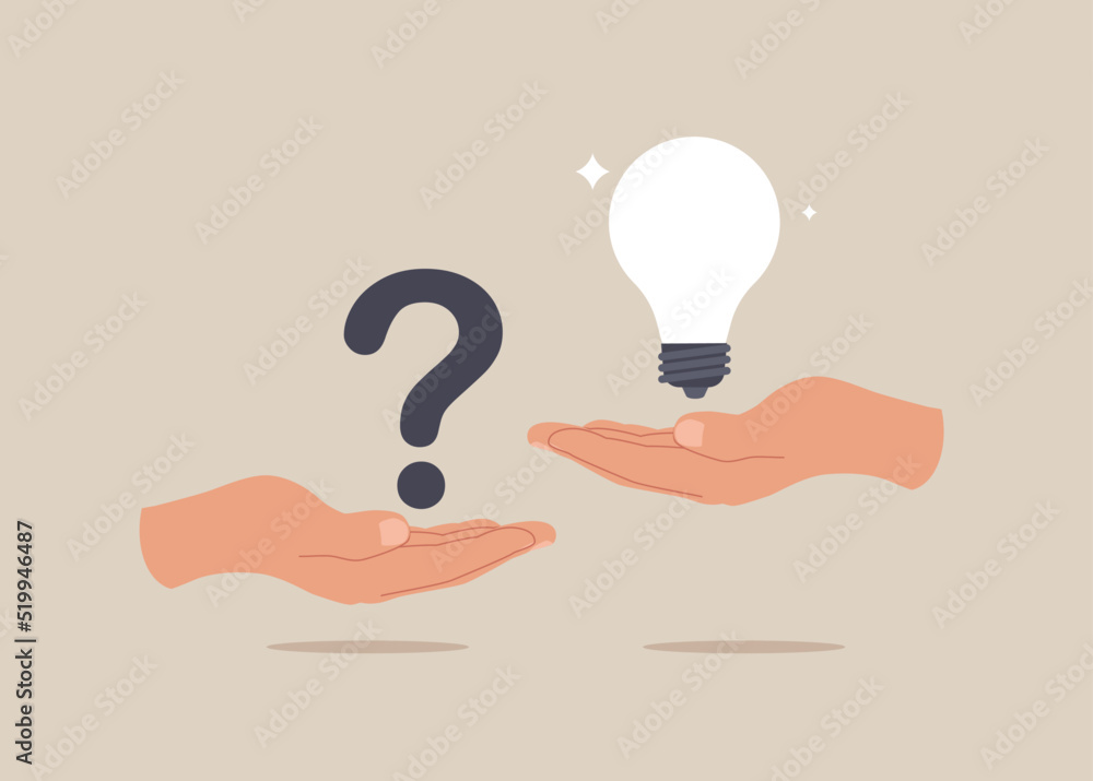 Male hand holding question mark with other reply with light bulb ...