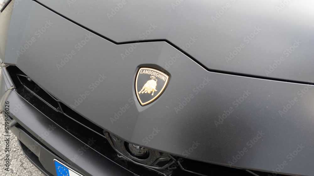 Lamborghini urus logo brand and text sign detail hood black front car ...