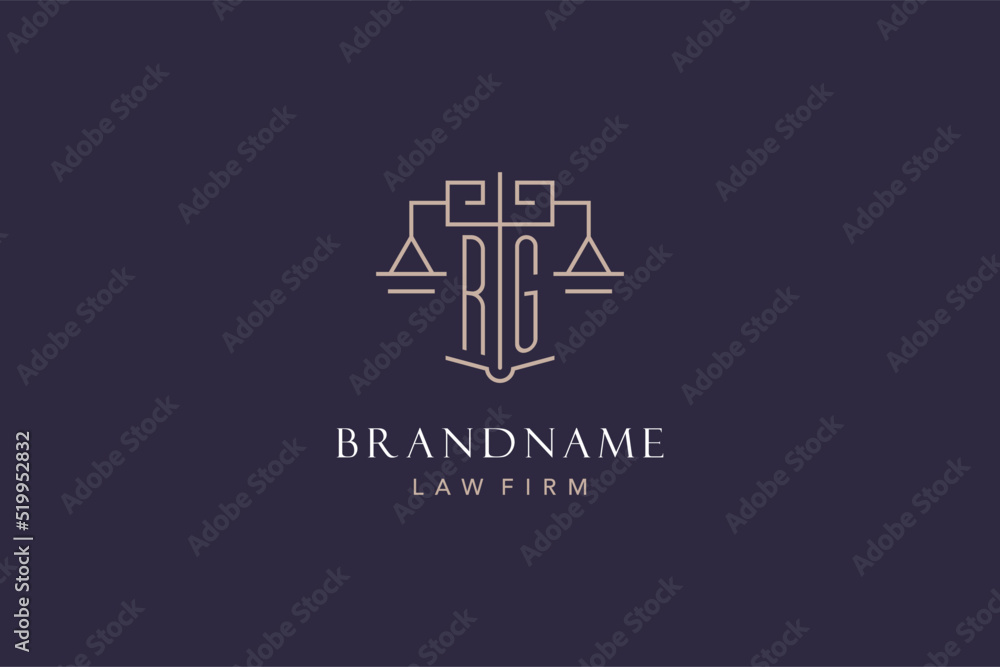 Initial letter RG logo with scale of justice logo design, luxury legal ...