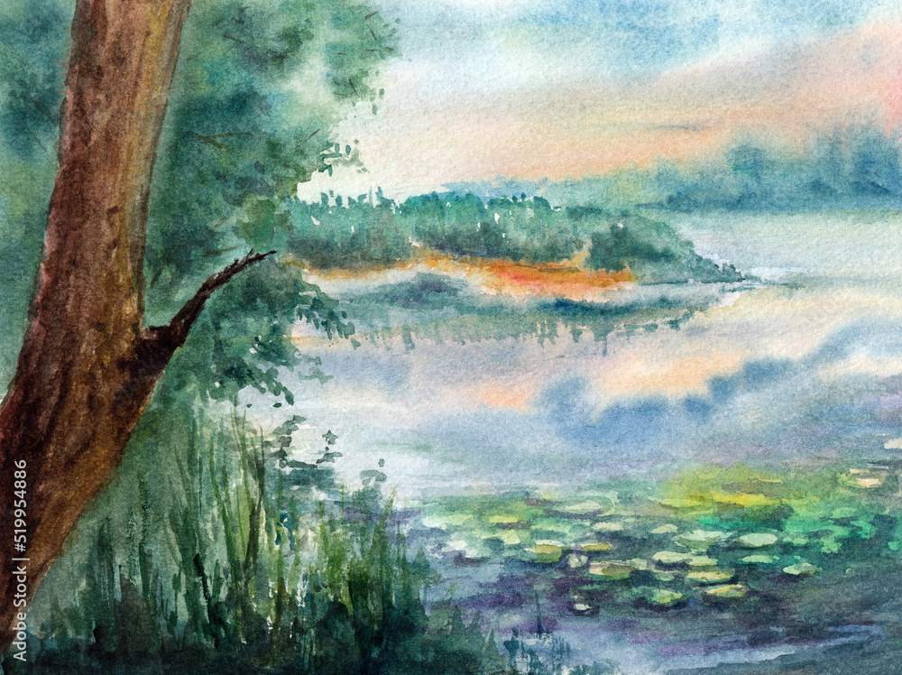 Simple landscape with river, trees group, leaves of water lily and ...