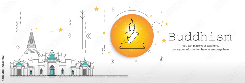 Banner buddha sits and temple flat draw lines design outline vector ...