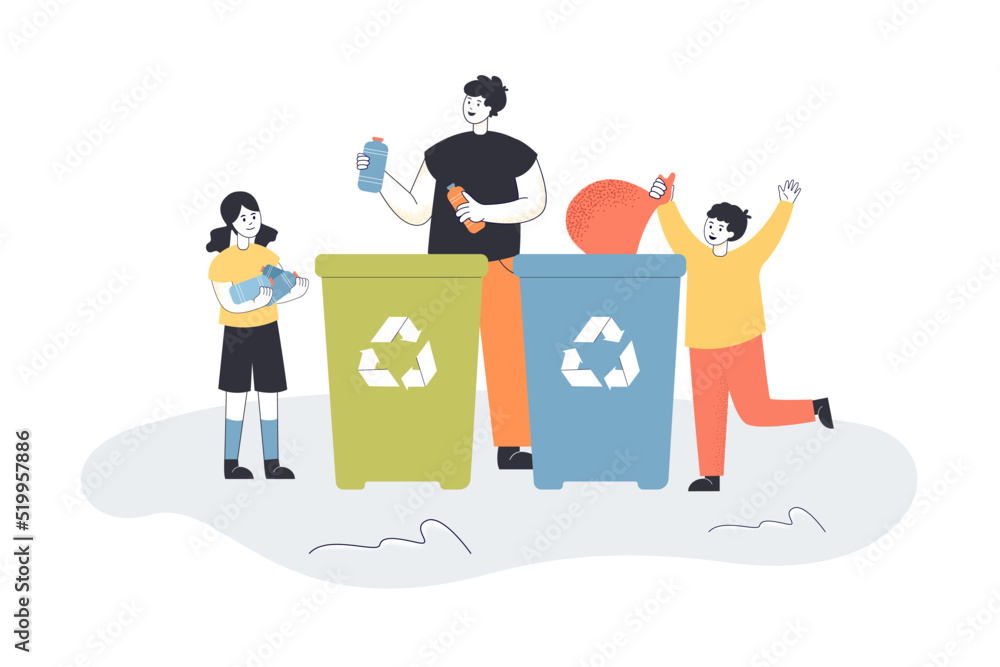 Man and kids sorting trash into bins flat vector illustration. Eco ...