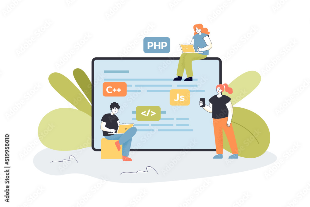 Programmers working on laptops flat vector illustration. Huge tablet ... Programmers working on laptops flat vector illustration. Huge tablet ...