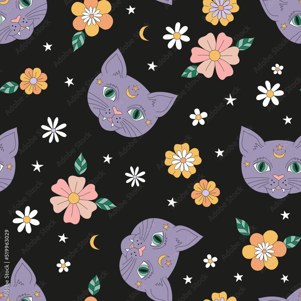 Mystic Hippie Groovy Halloween Black Cat Daisy flowers vector seamless ...