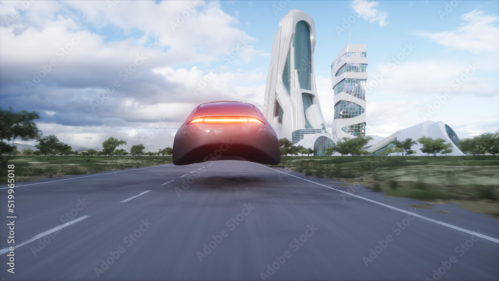 Futuristicflying car very fast driving on highway. Futuristic city ...