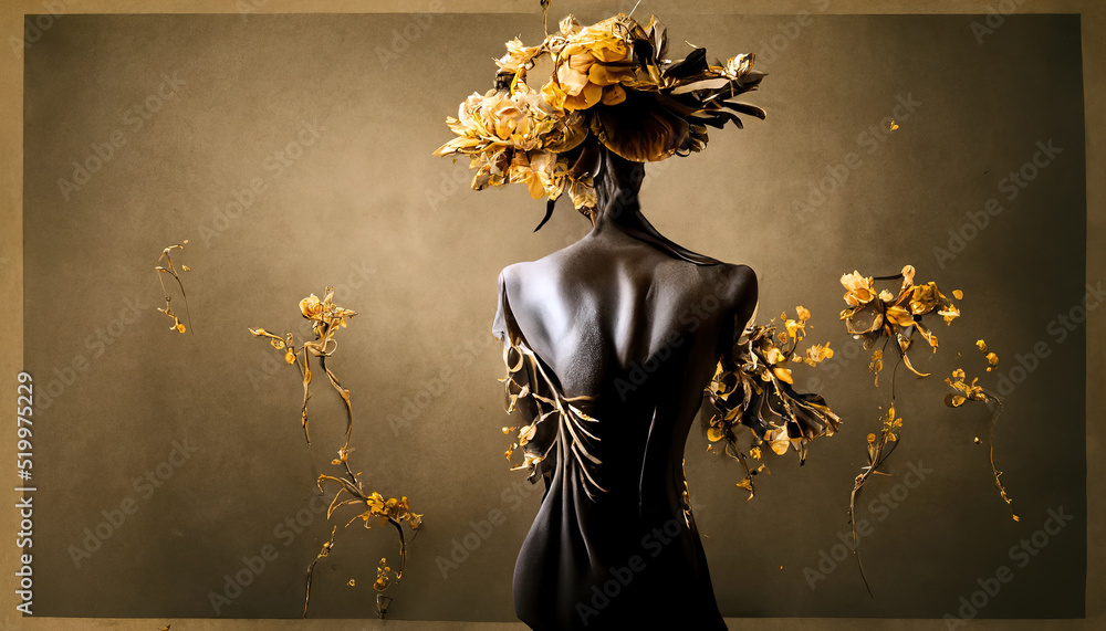 Rear view of a slender female body, a mannequin decorated with golden ...