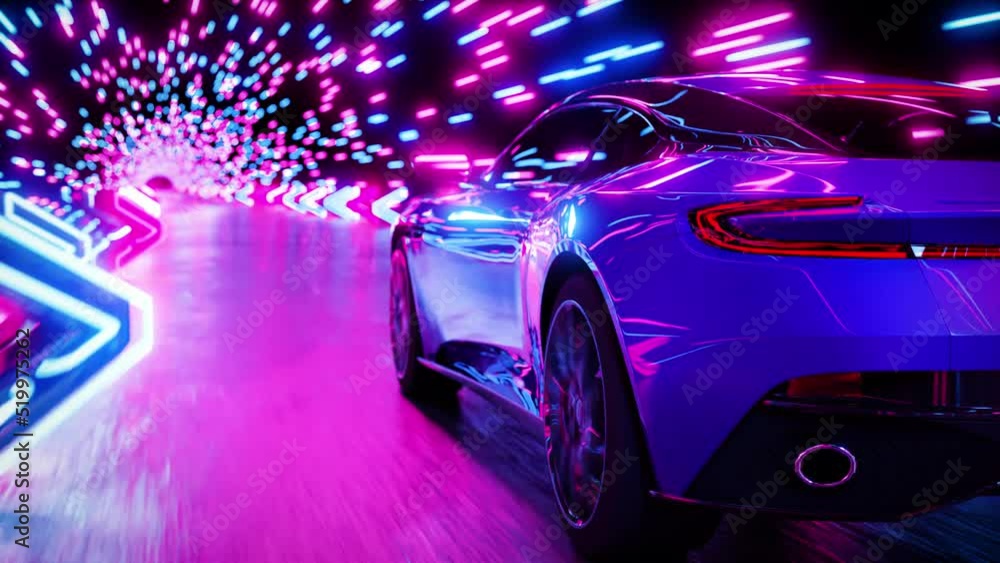 The sports car rushes along the night road. Rear view. Infinitely ...