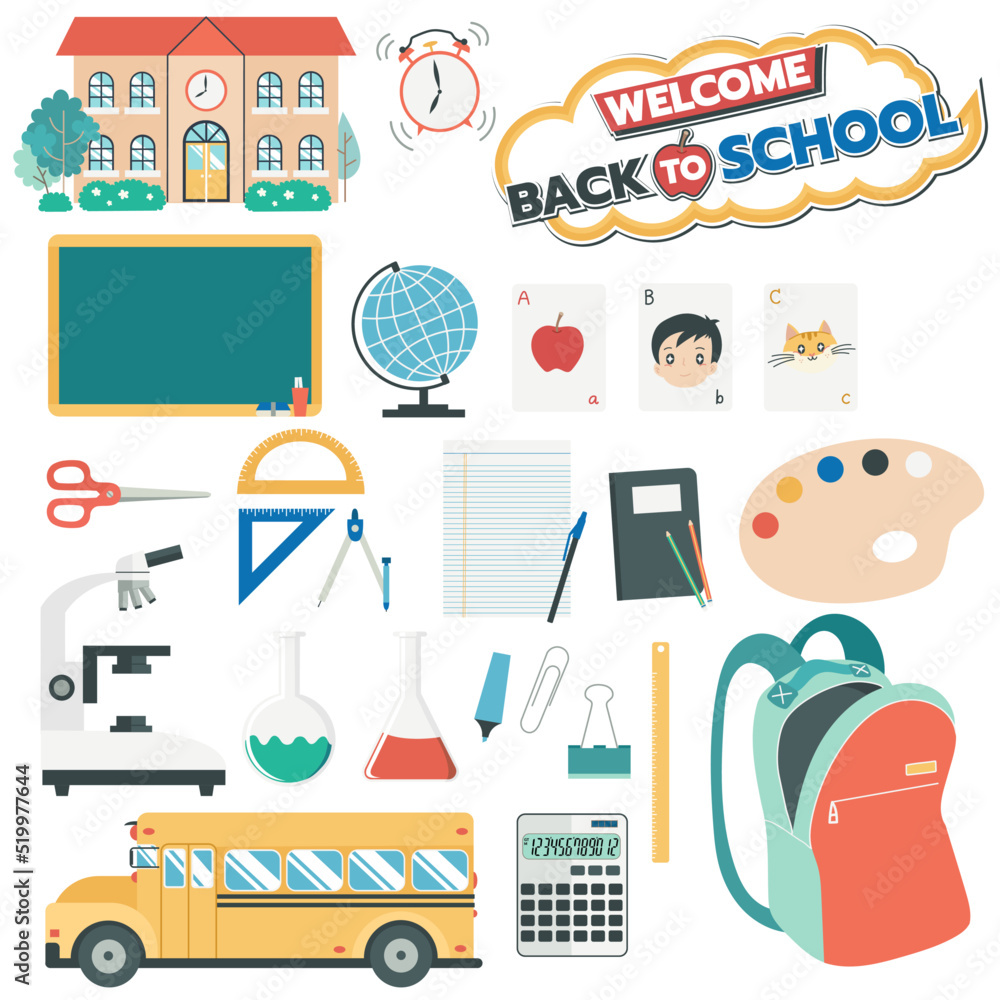 Welcome Back To School. Flat Graphic Design Set of School Supplies with ...
