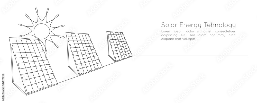 One continuous line drawing of Solar panel with sun. Green clean energy ...