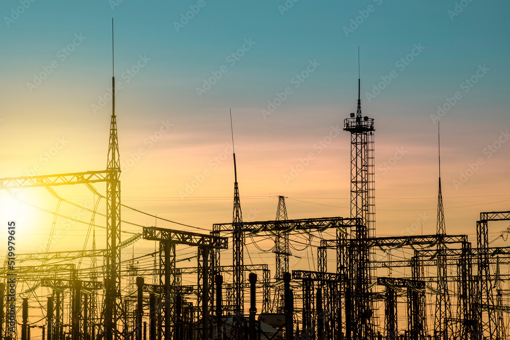 Electrical substation on the sunset or sunrise background Stock Photo ...