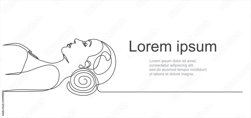 Spa background with lying womans head and towel. Minimal vector banner ...