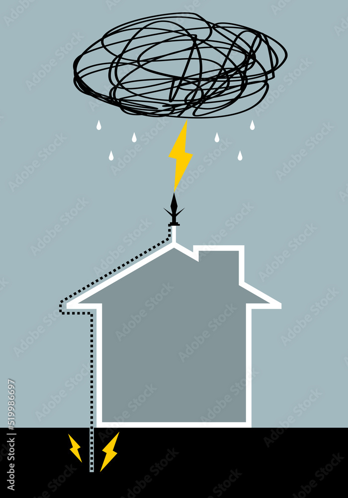 Lightning rod on top roof of building house with thunder cloud ...