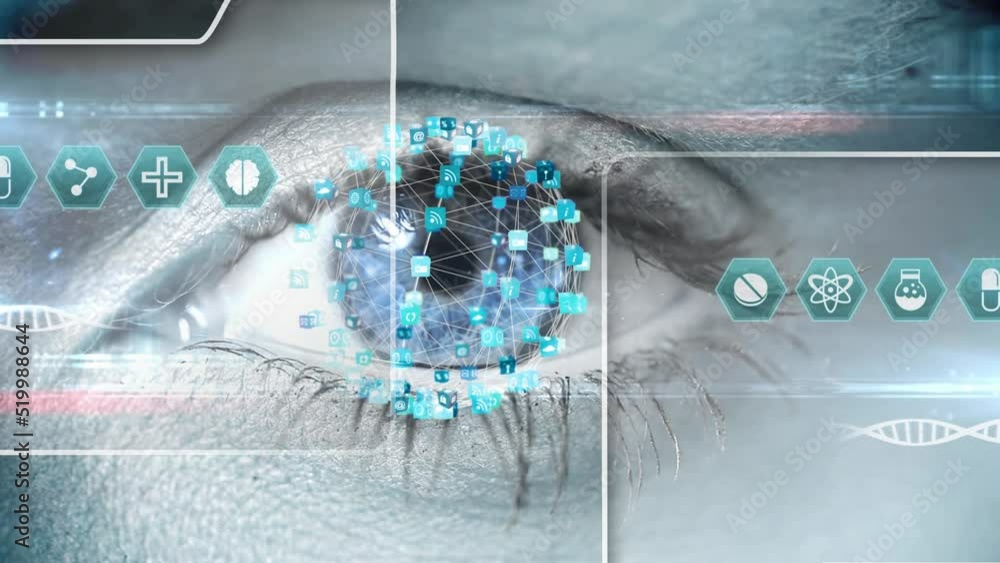Animation of woman eye scanning infographics in globe shape and ...