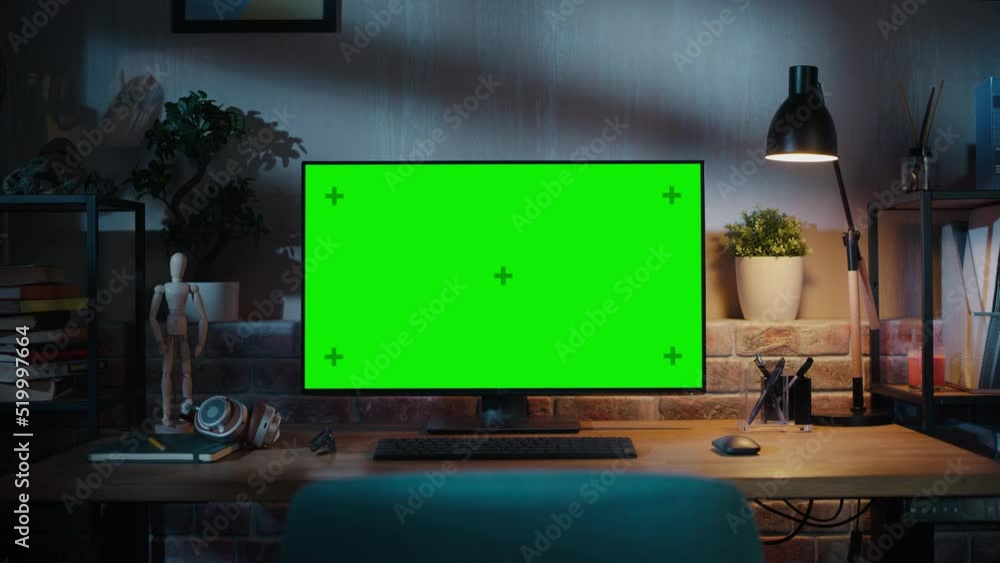 Zoom in On a Modern Personal Computer Monitor with Chroma key Green ...