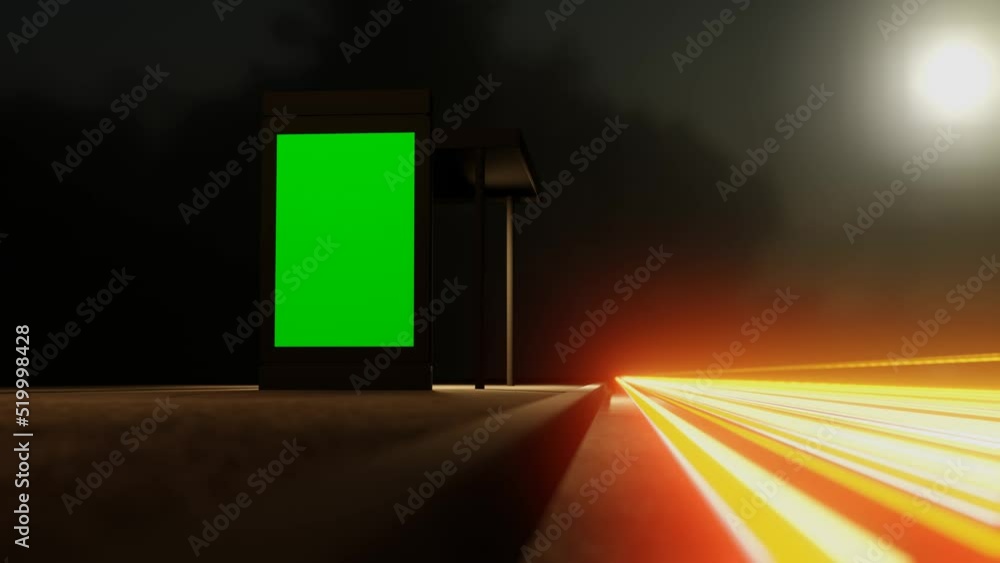Bus stop with billboard green screen and timelapse car light trails 3d ...