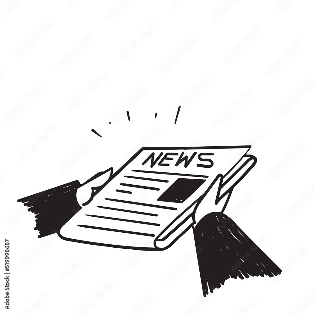 hand drawn doodle hand holding and reading newspaper illustration ...