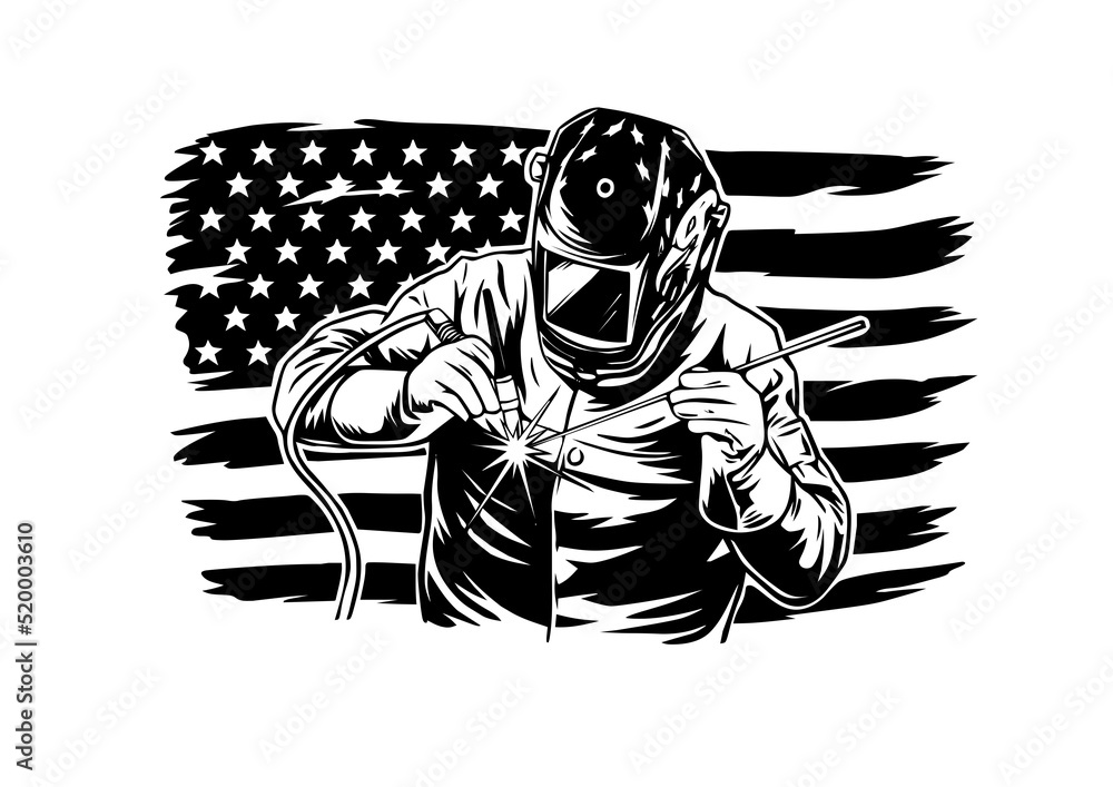 Welder welds metal. Black and white illustration of a welder in work ...