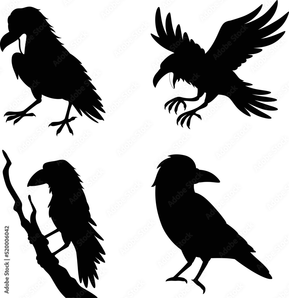 Cartoon Crow flying and Standing isolated Vectors Silhouettes Stock ...