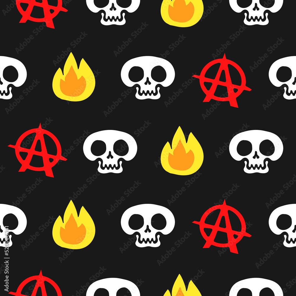 Skull,anarchy sign and flame seamless pattern,wallpaper.Vector hand ...