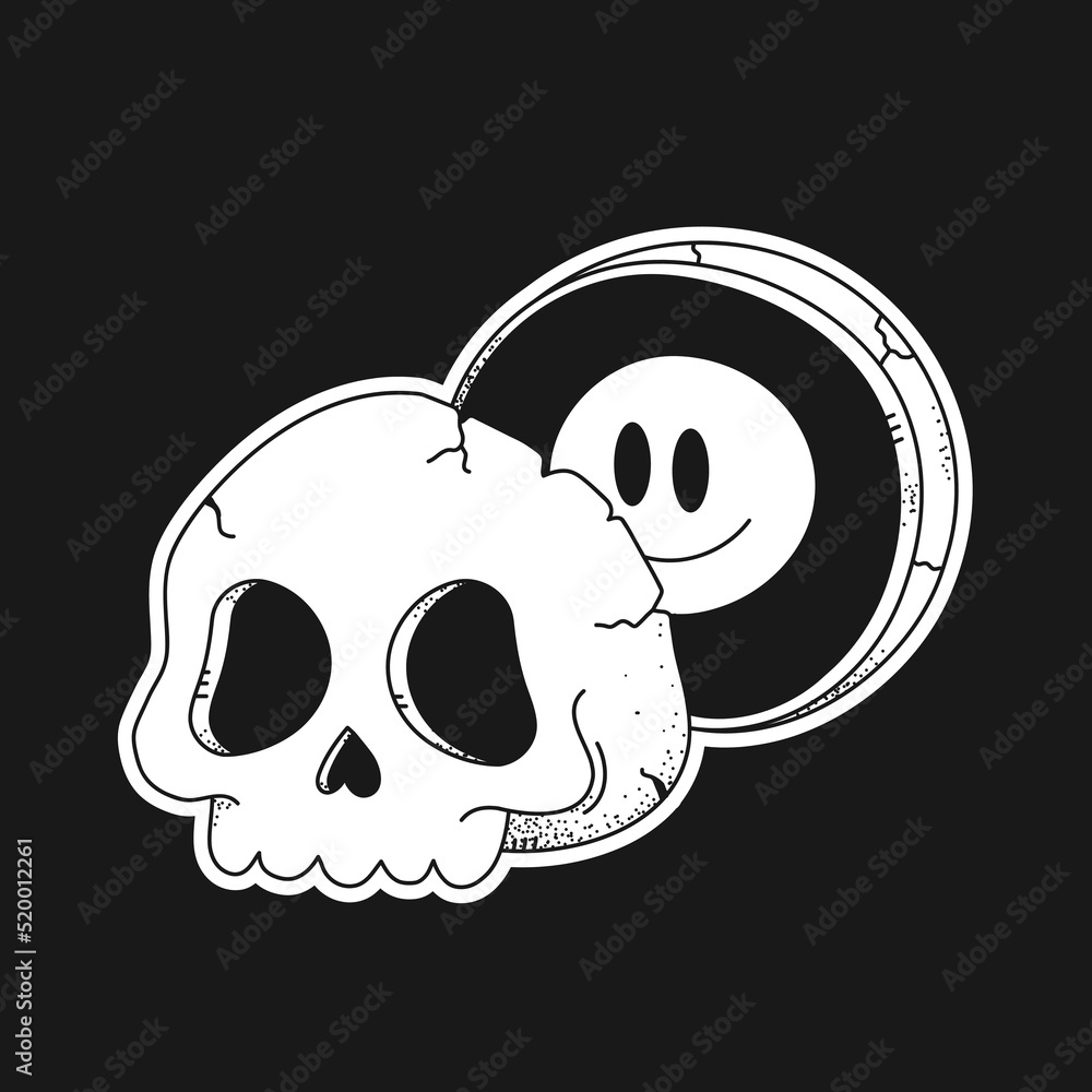 Half skull,smile face inside.Vector hand drawn line doodle 70s style ...