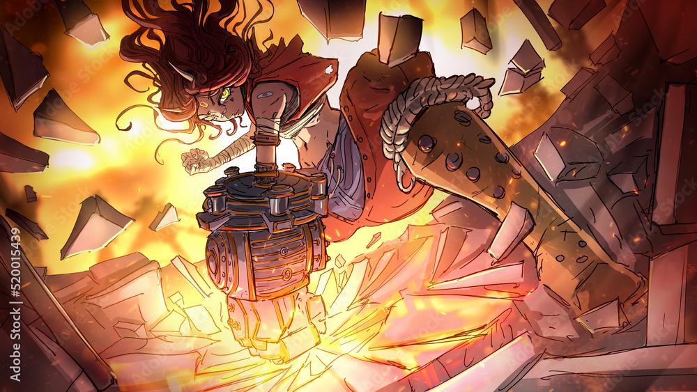 The fighter demon girl, smashing a stone into dust with her huge ...