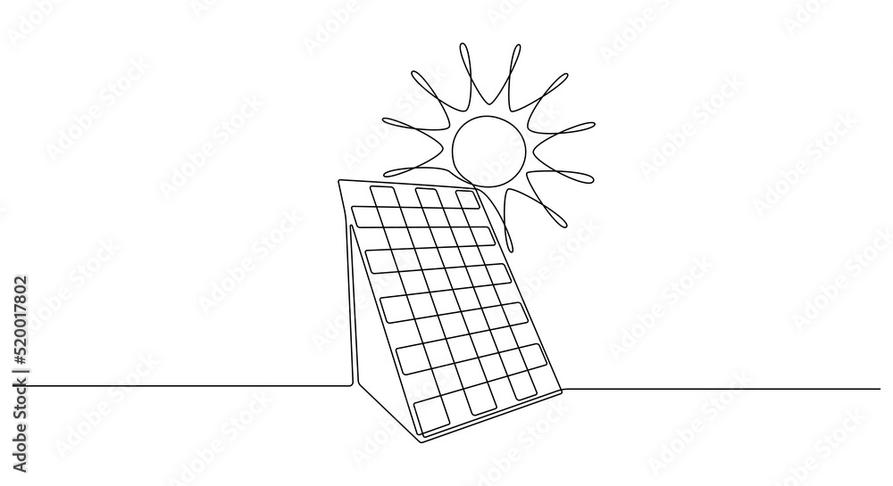 One continuous line drawing of Solar panel with sun. Green energy in ...
