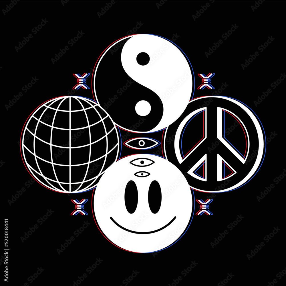 Yin Yang,sphere,smile face,peace signs.Vector line graphic illustration ...