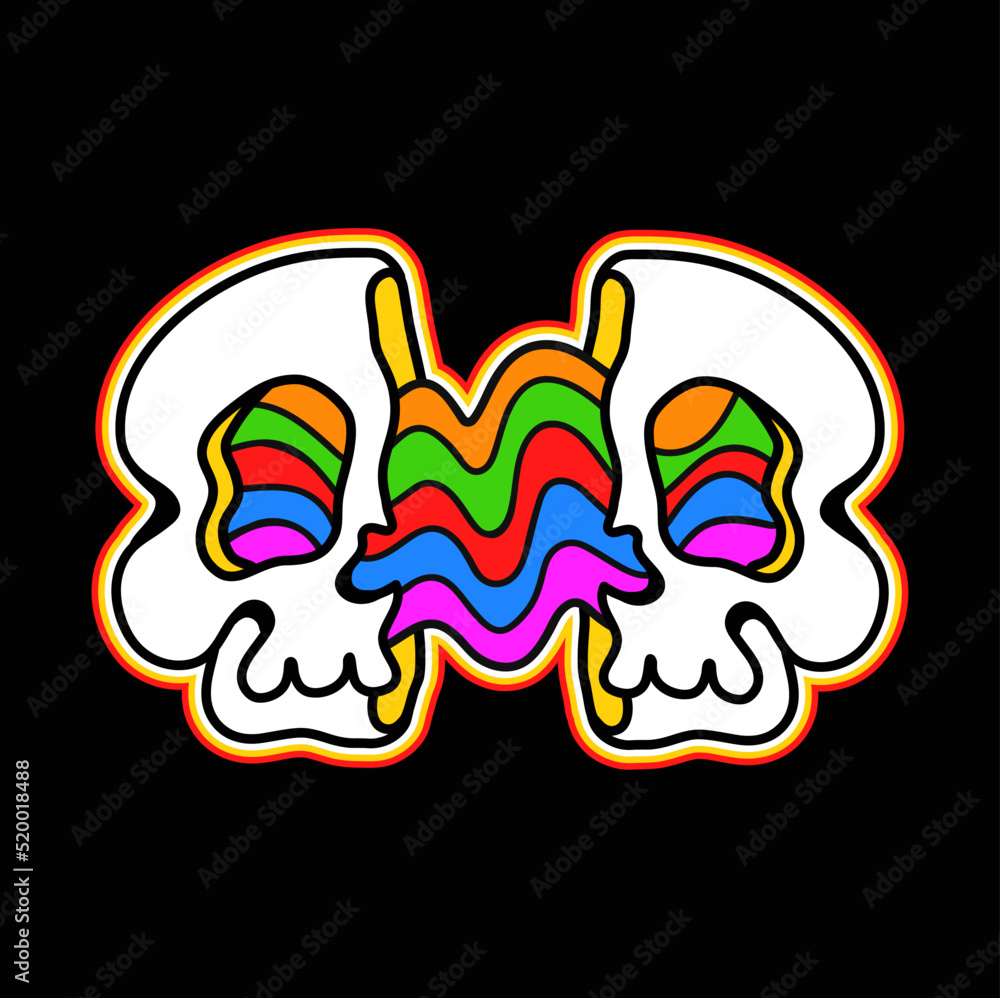 Two half of skull face,vibrant rainbow.Vector hand drawn doodle 90s ...