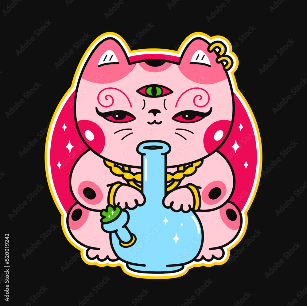 Cute Funny Kawaii Asian Maneki Neko Cat With Bong Vector Cartoon