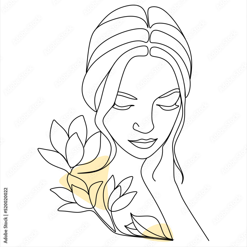 Continuous line drawing of Portrait of a Beautiful Woman's face. The ...