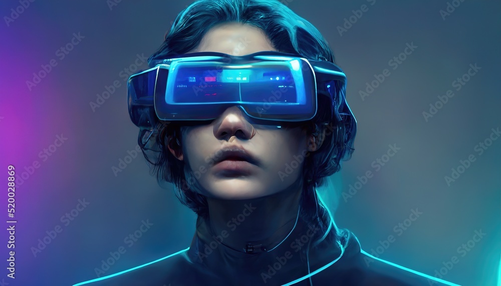 VR and AR technology futuristic concept. Man wearing 3d VR headset glasses looks up in ...