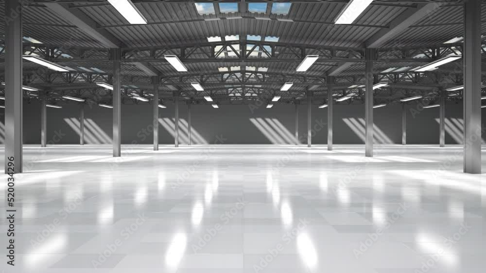 Empty warehouse hall, the light turns on. Industrial interior of the ...