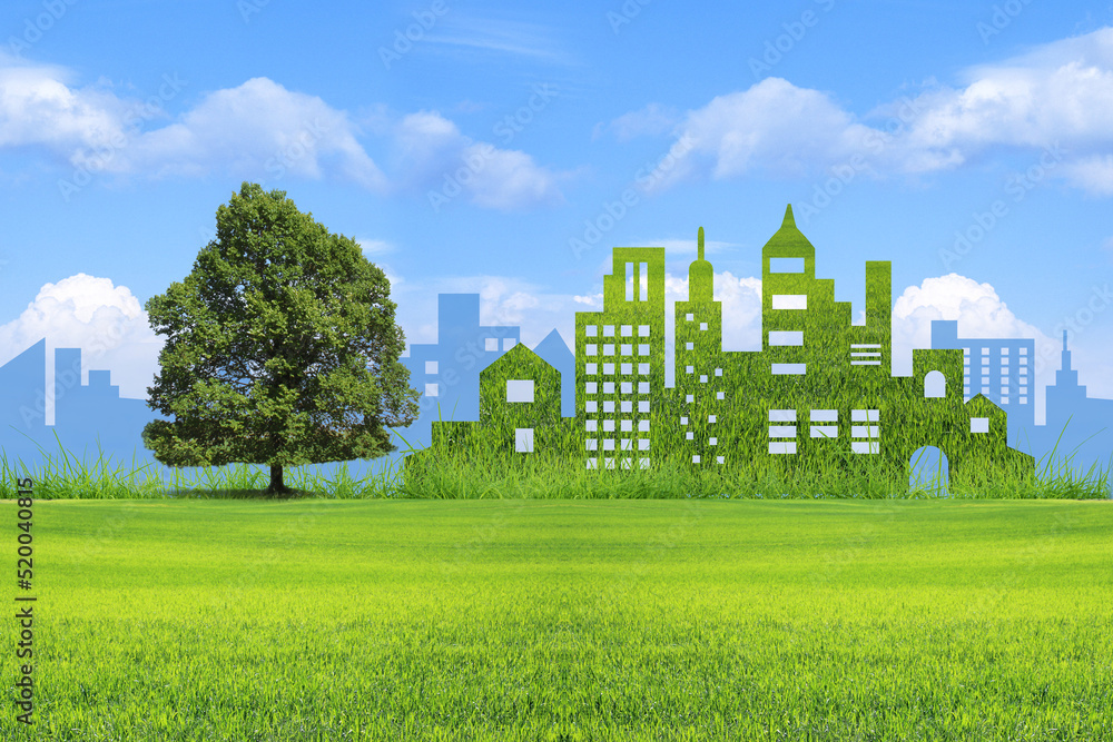 Ville verte, concept ville écologique sous le ciel bleu, sobriété ...