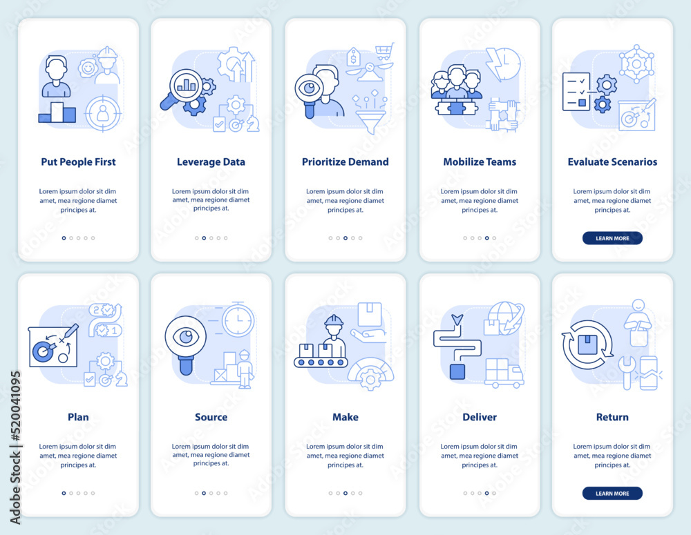 Supply Chain Management Light Blue Onboarding Mobile App Screen Set Walkthrough 5 Steps