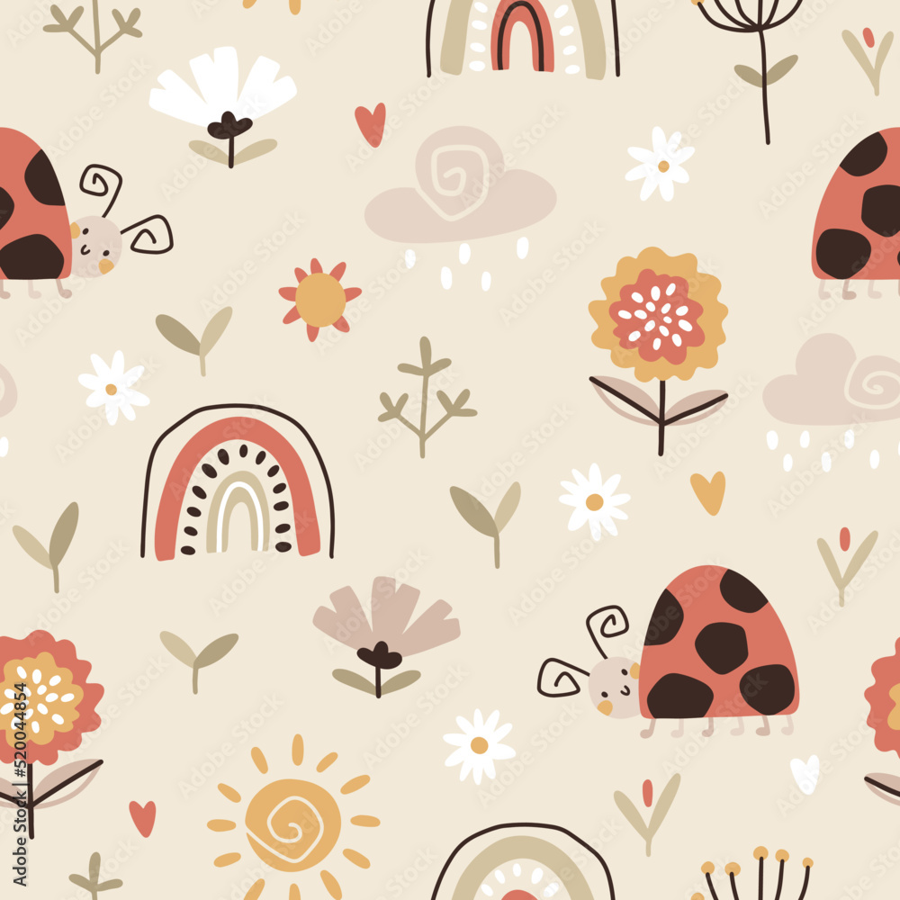 Ladybug vector seamless pattern with rainbow. Trendy summer childish ...