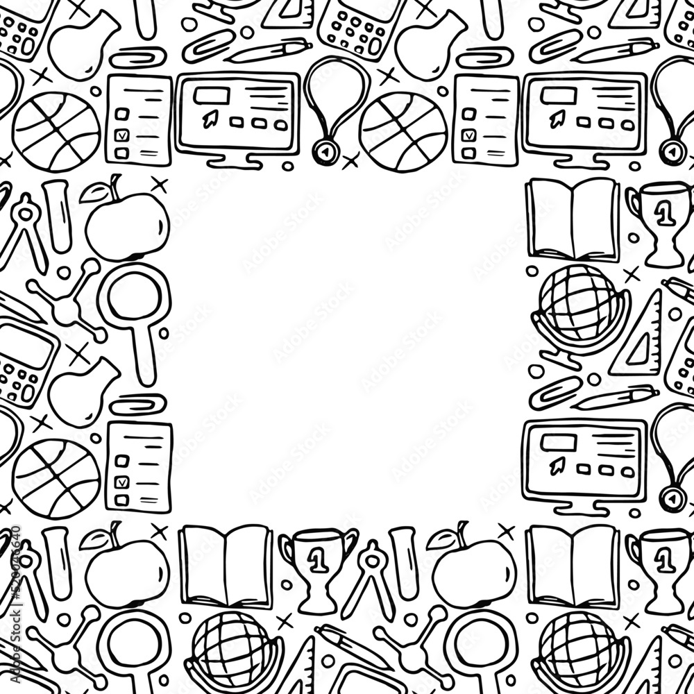 frame with school icons. Back to school. Doodle school background with ...