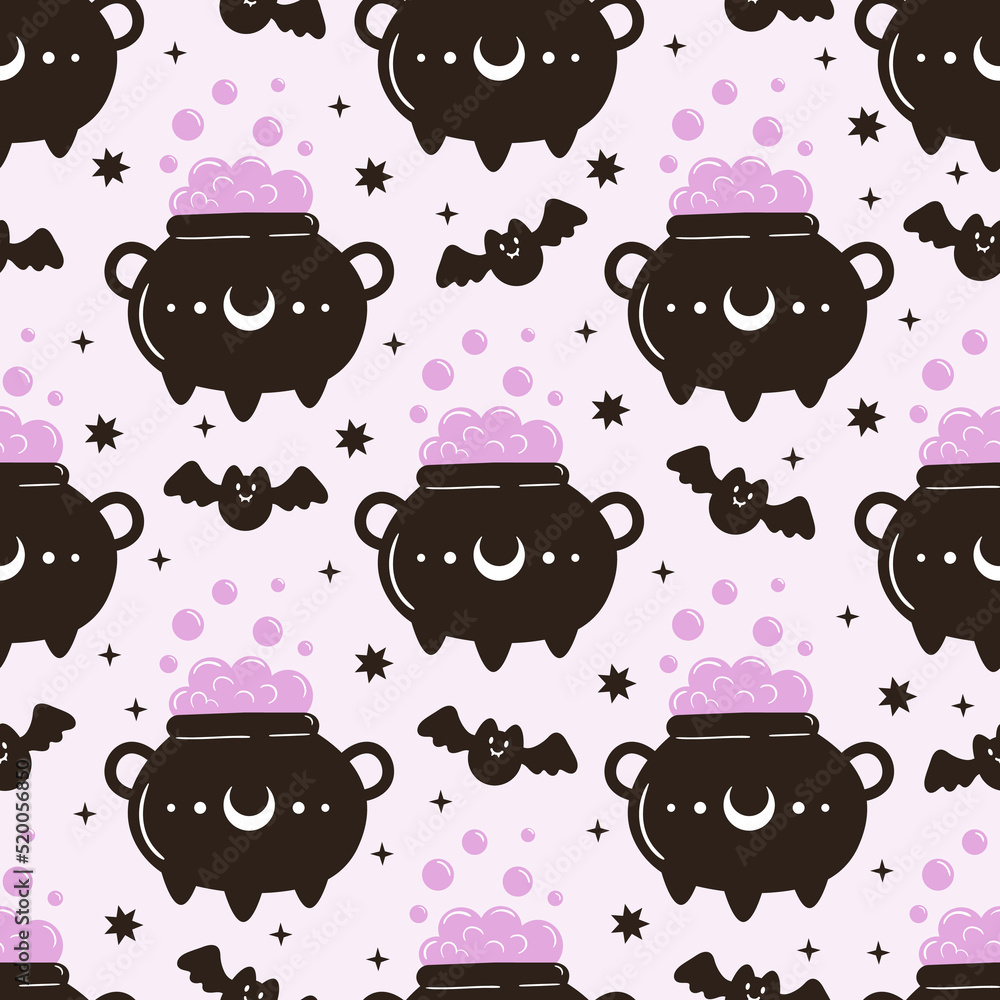 Seamless vector pattern with witch cauldron and bats. Halloween ...