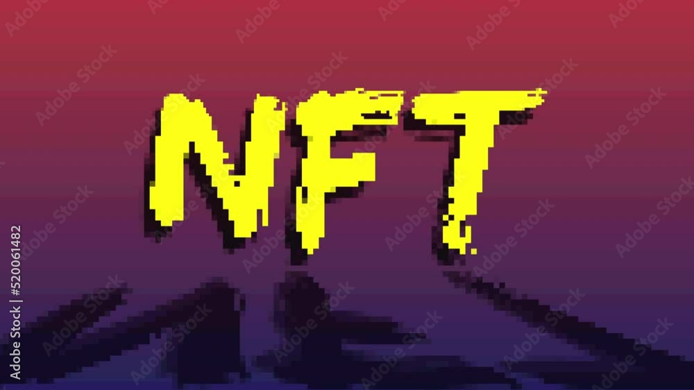 The pixellated text NFT (non-fungible token), appearing with a decoding ...