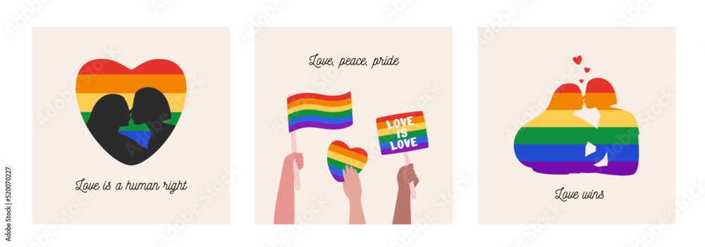 Set of cards for LGBT Pride Month. Social media posts with phrases and ...