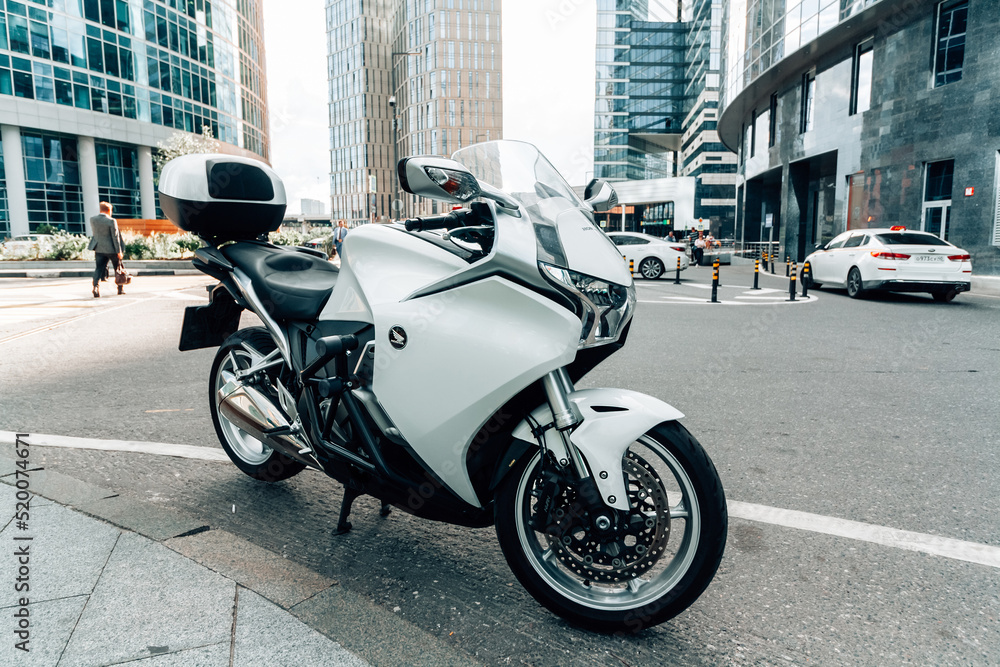 motorcycle Honda VFR1200F parked on the street. Honda VFR1200F is the ...