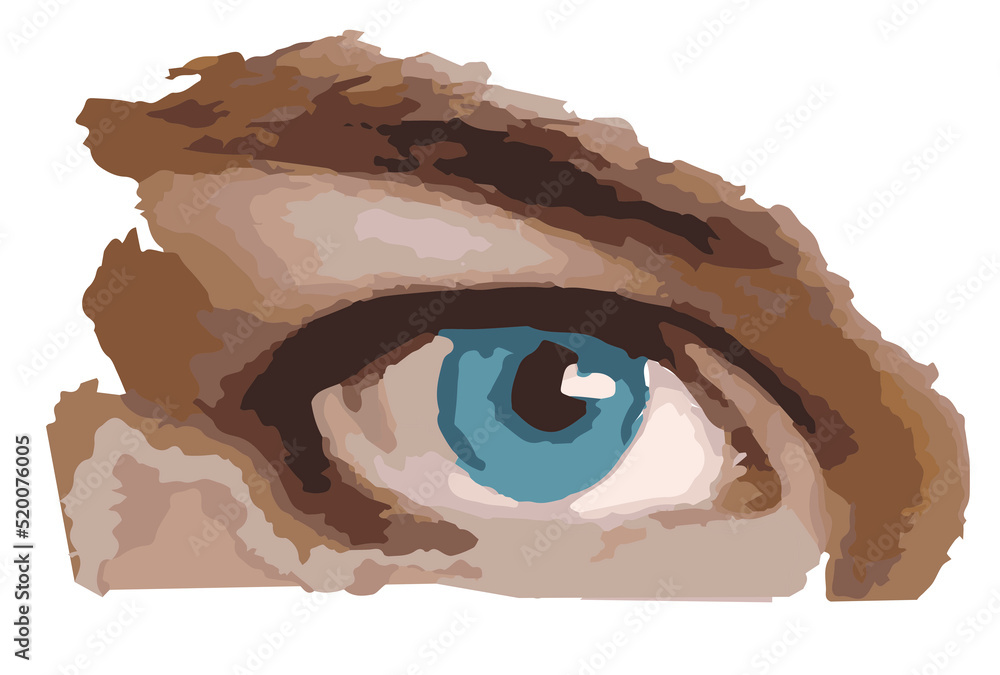 Colored realistic eye drawing comic style. Aggressive look straight ...