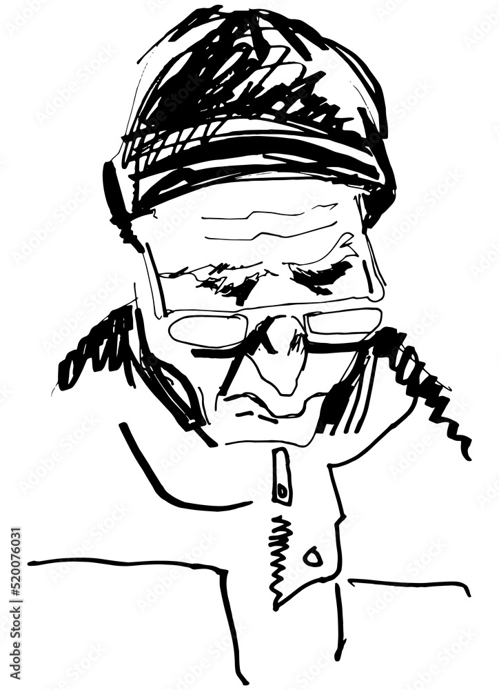 Old woman man portrait hand drawn ink line art. Human silhouette one ...