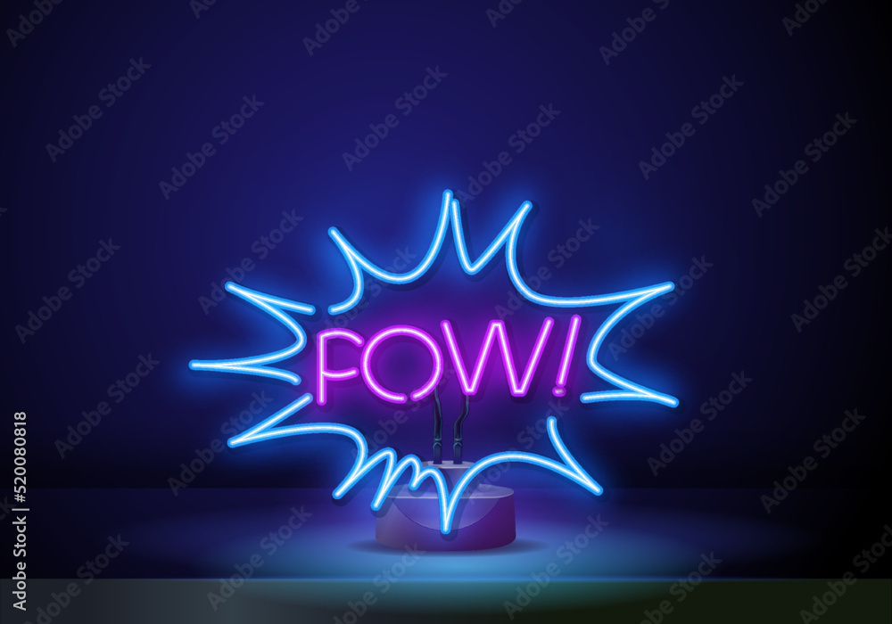 POW lettering neon sign. Word in speech bubble on brick wall background ...