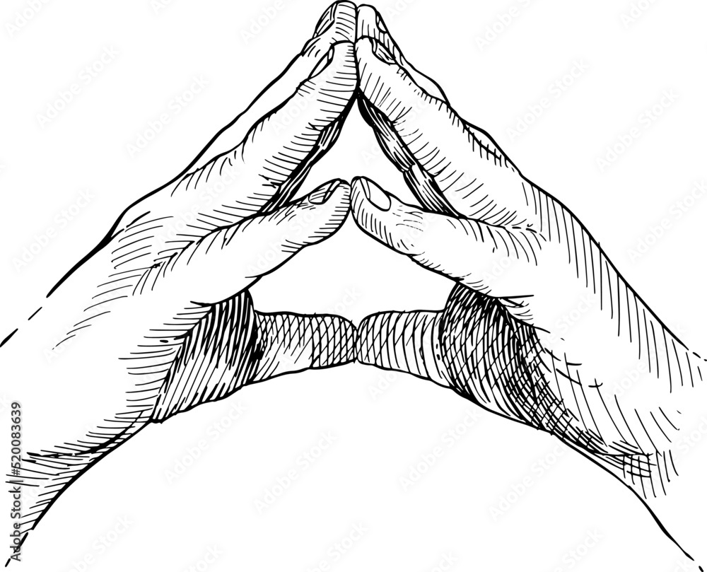 Hands with fingers joined in triangle. Hand language. Black and white ...