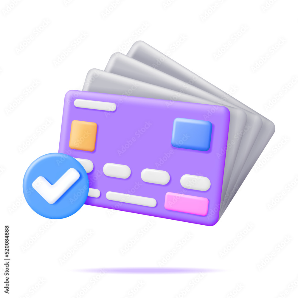 3D Stack of Bank Cards with Approved Checkmark Isolated on White ...