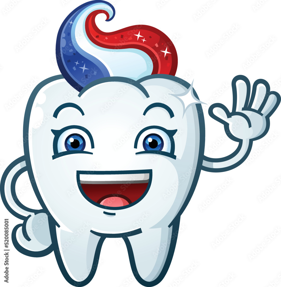 Happy Sparkling Smiling Tooth Cartoon Character waving happily with gel ...